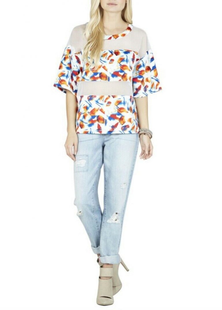 BCBG PASSION PRINT SCUBA MESH CONTRAST ELBOW SLEEVE TOP BLOUSE SIZE XS ...